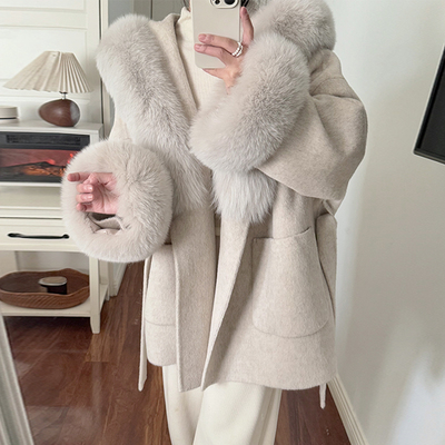 冬混色紫红显白双面羊毛大衣