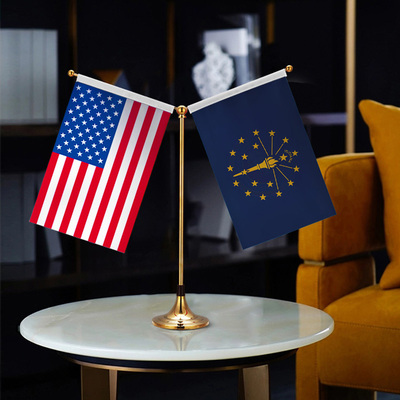 Indiana 印第安娜州 美国国旗 Y型双杆钛金旗架办公会议室高档桌