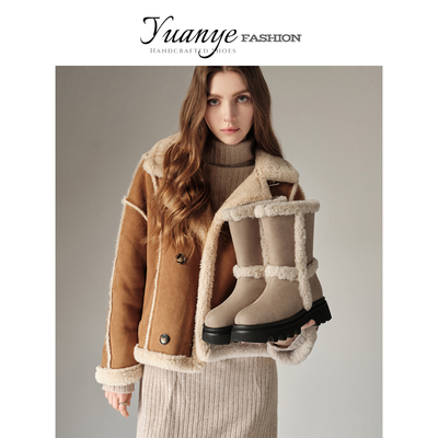 原野Yuanye●染指年华！真皮厚底羊毛雪地靴女加绒加厚保暖中筒靴