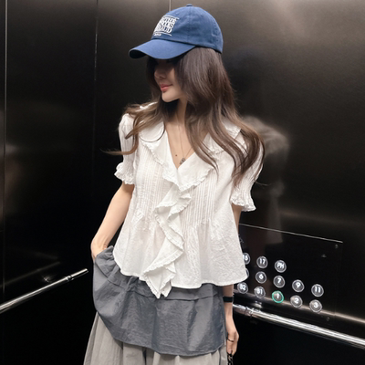 Partysu正品 韩国代购春简约日常款荷叶边V领显气质百搭短袖衬衫