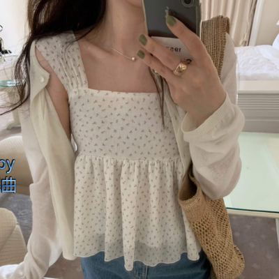 韩国正品代购 PYT-ot春季新款碎花收腰宽松方领荷叶边短款背心
