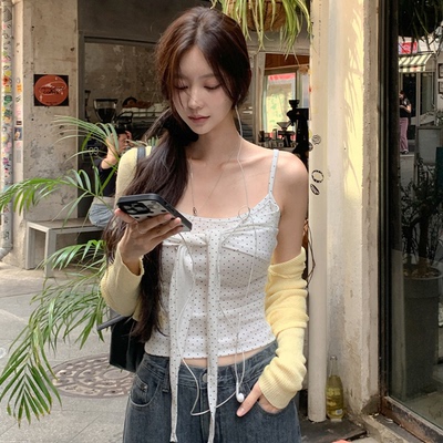 韩国正品代购夏款 韩系辣妹风小波点拼接飘带系结短款修身背心