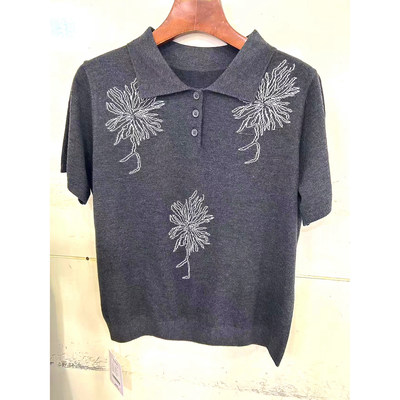 519-2605欧洲站纽扣半开翻领刺绣印花短袖天丝羊毛针织小衫春夏款