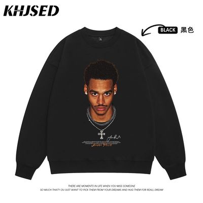 球星普尔大头像美式复古印花篮球衣高街潮流时尚宽松圆领薄款卫衣