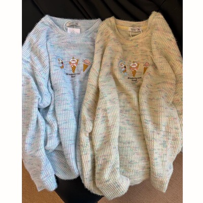 KFCAG 秋季新款韩系冰淇淋彩色针织衫百搭减龄刺绣圆领纯棉卫衣