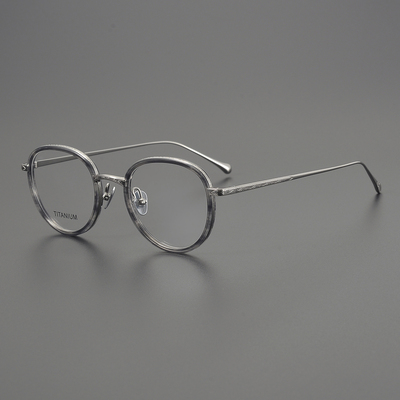 日式小众 复古纯钛圆框精美雕花中金内嵌板材眼镜框架 近视男女款
