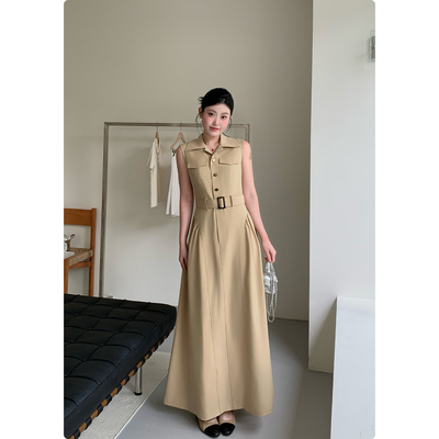 糕冷圆脸[智性女主]千金风正肩翻领连衣裙夏收腰显瘦时尚气质长裙
