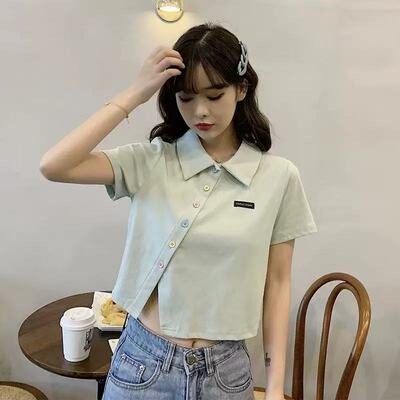 【小四粉丝专享】A441polo衫短袖t恤女修身翻领短款彩色纽扣上衣
