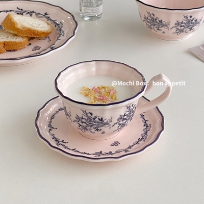 欧式青花紫粉幽兰浅式盘4.5寸 饭碗咖啡杯碟家用餐具套装送礼陶瓷