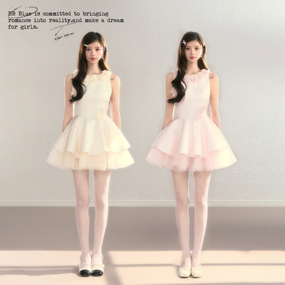 BBBLUE/花神降临/富家千金无袖立体花春夏新款拼接网纱无袖蓬蓬裙