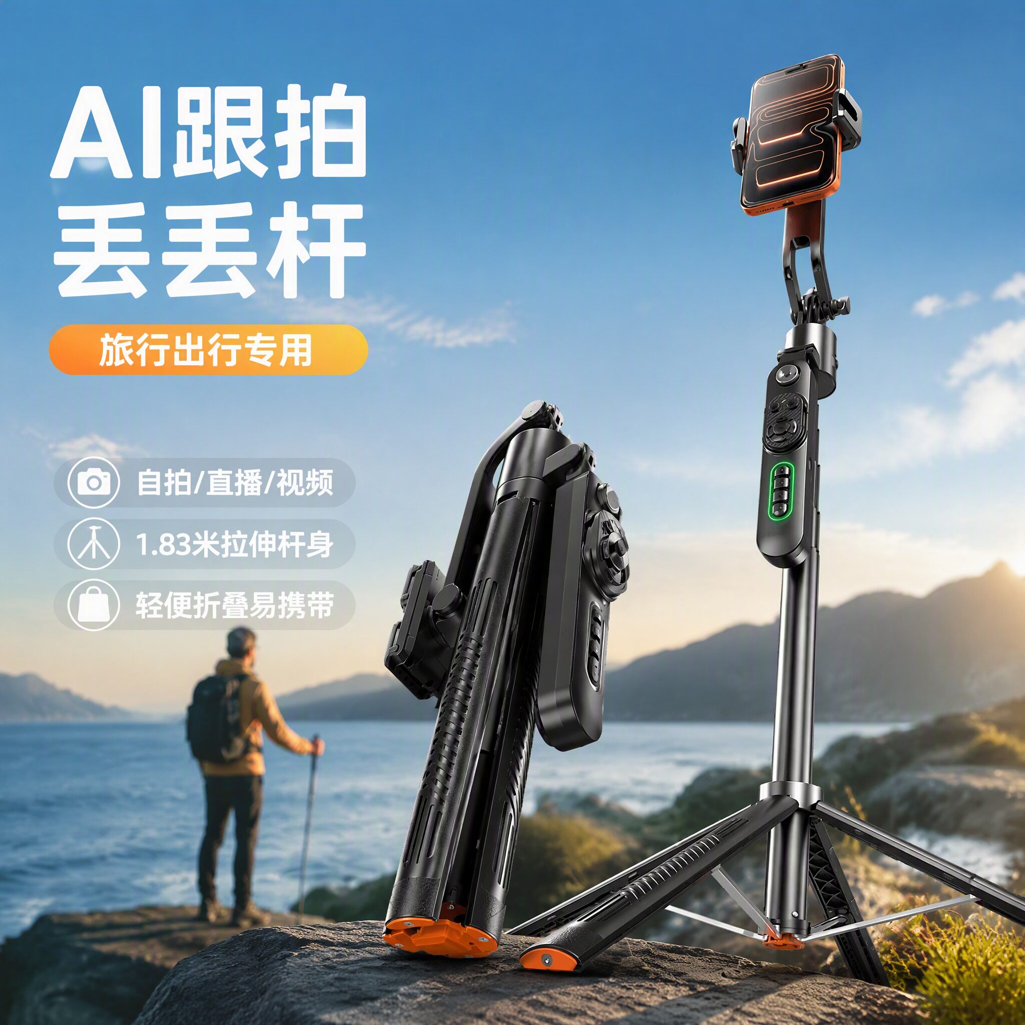 Q625跟拍自拍杆人脸识别丢丢杆全自动跟拍直播旅游四脚架人脸追踪