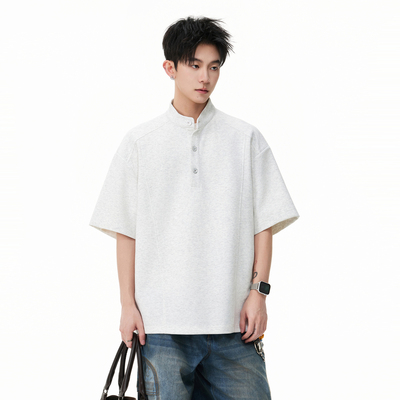 美式复古解构亨利领短袖T恤夏季