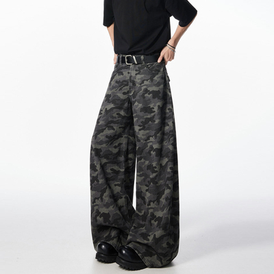 美式复古迷彩工装直筒阔腿牛仔裤