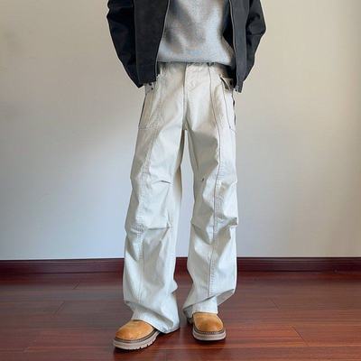 以纯美式复古工装裤男款皱褶微喇