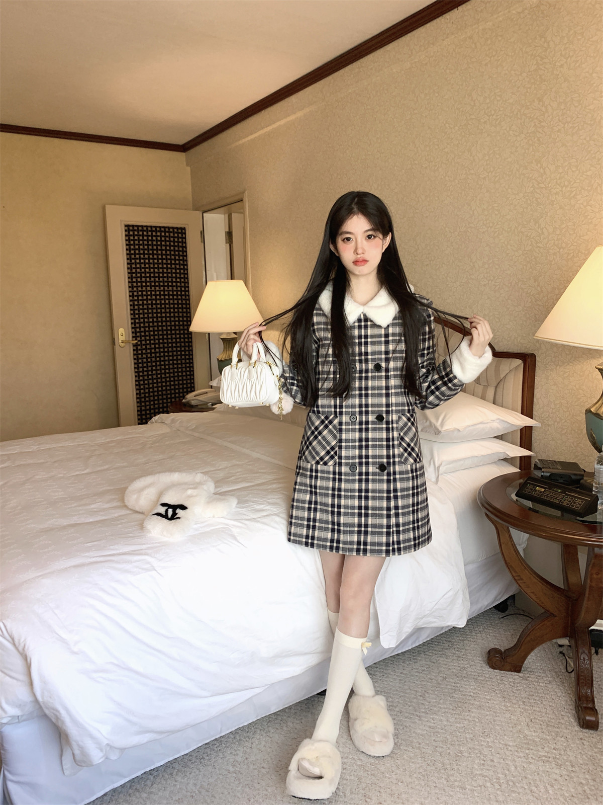 LXLILIUM【冬日甜心】兔貂绒毛毛领拼接格子大衣女秋冬夹薄棉外套
