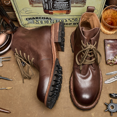 秋冬沙漠靴系带复古马皮水洗固特异厚底做旧系带高帮男靴休闲E359