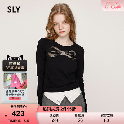SLY春季新品甜美温柔风蕾丝蝴蝶结长袖针织衫女030IAZ80-2121