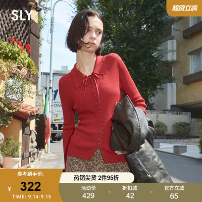 SLY 春季新品通勤风系带翻领修身长袖针织衫女030IAZ70-1451