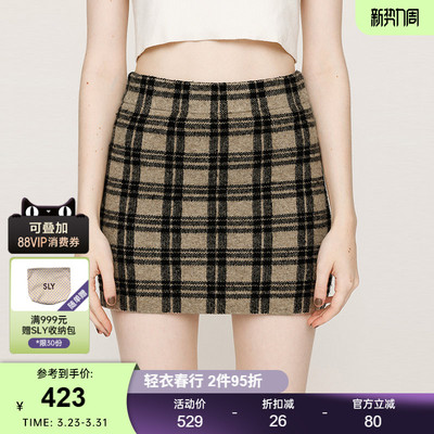 SLY 春季新品复古港风格纹撞色包臀修身短裙女030IAZ71-3001