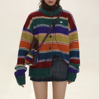 复古宽松撞色彩虹条纹针织毛衣开衫外套女