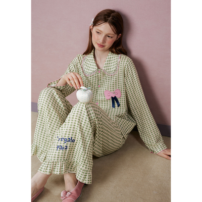 yso【礼物系列】睡衣女26秋款纯棉双层纱娃娃领甜美风家居服套装C