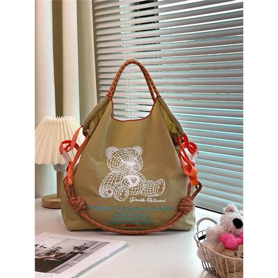 日系ball chain刺绣咖棕网格熊环保袋帆布包2024新款大容量通勤包