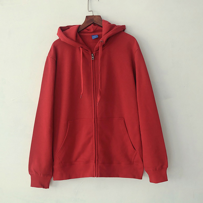 春秋纯色毛圈棉拉链开衫连帽卫衣正红色男女大码宽松运动休闲外套