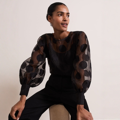 Phase Eight黑色长袖网上上衣波点配吊带两件套褶皱装饰气质百搭