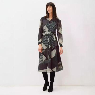 Phase Eight长袖连衣裙衬衫裙中长藏蓝系带格纹拼接气质英伦百搭