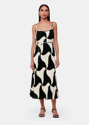 WHISTLES吊带连衣裙度假裙百褶中长黑白印花系带优雅显瘦百搭英伦
