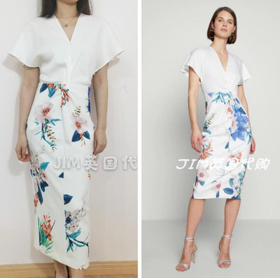 TED BAKER短袖连衣裙包臀修身铅笔裙拼接碎花优雅淑女通勤OL百搭