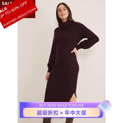 PhaseEight酒红长袖高领针织裙