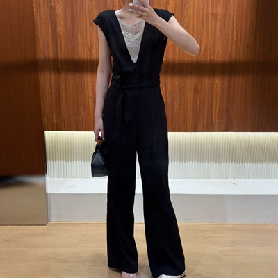 夏季镶钻挂链V领高腰黑色连体裤