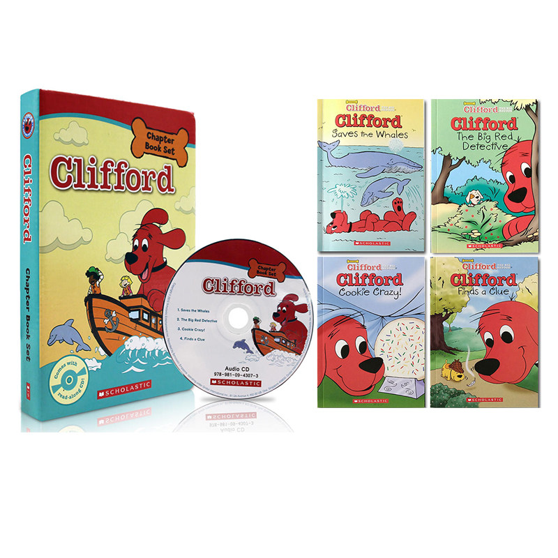 英文原版 Clifford Chapter Book Set大红狗系列绘本 4册盒装附CD彩色插画版儿童桥梁章节读物_虎窝淘