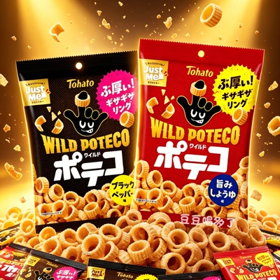 新品限定 日本tohato桃哈多旨味酱油味黑胡椒味坚脆厚薯圈手指圈