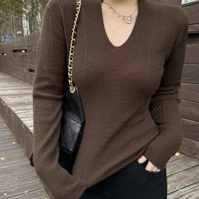 琪琪微微胖大码女装简约百搭V领针织衫女修身显瘦长袖打底衫