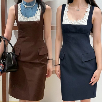 许妍同款【正版SST | 发财宅女同款】复古吊带连衣裙木耳边收腰裙