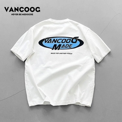VANCOOG26夏季潮牌350克宽松美式白色印花纯棉圆领情侣短袖T恤男