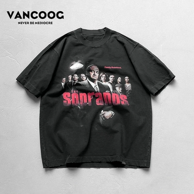 VANCOOG美潮纯棉重磅宽松The Sopranos主题印花复古破洞短袖T恤男