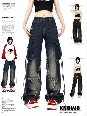 KNOW8美式复古多口袋星星做旧毛边牛仔裤小众设计水洗休闲裤阔腿