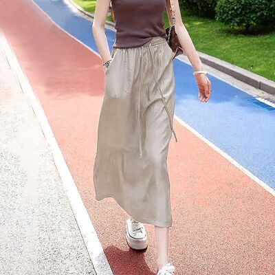 夏季醋酸缎面通勤高腰系带直筒裙