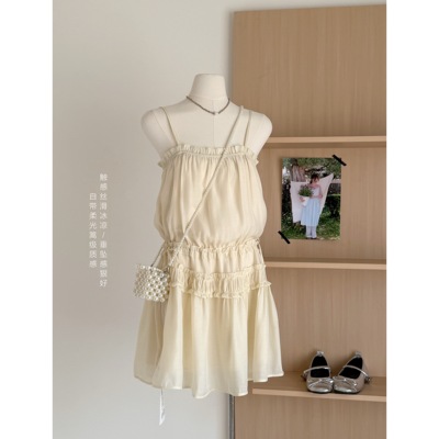 im向 露思同款! 莱赛尔立体抽皱木耳边吊带裙温柔垂感微A连衣裙