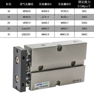 ATC 双轴双杆气缸TN16X10X20X30X40X50X60X70X80X90X100X150X200S