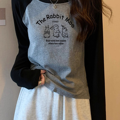 纯棉长袖T恤少女春秋初中高中学生外穿内搭宽松打底衫冬撞色上衣