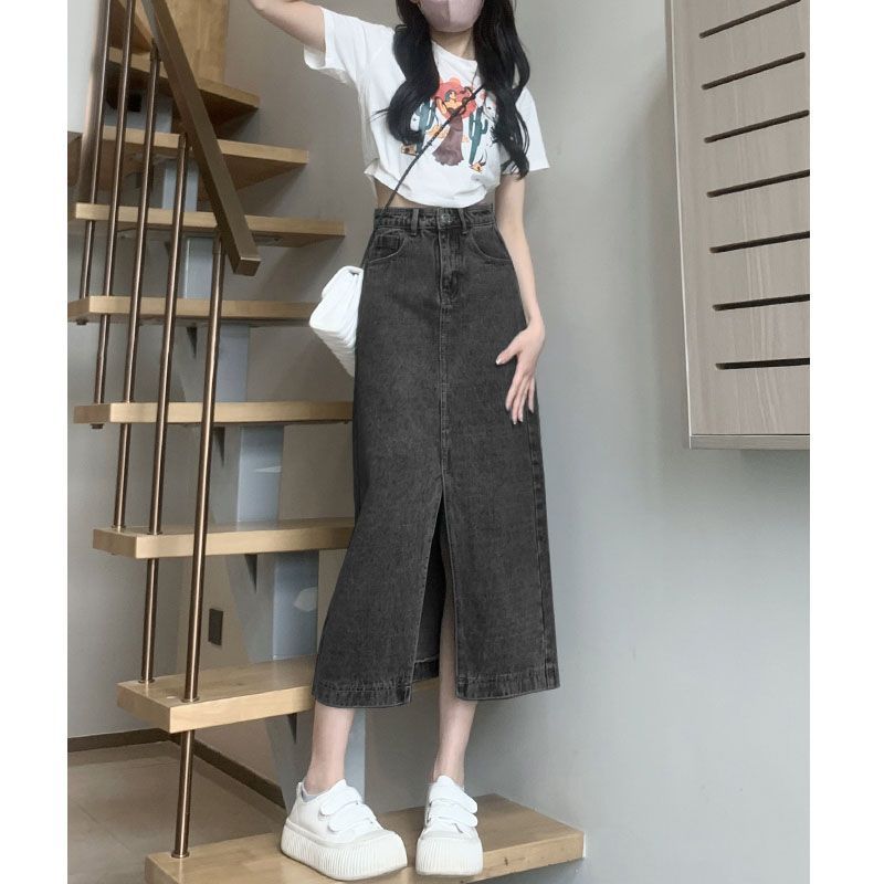 春装新款高腰显瘦中长款包臀裙2024设计a字开叉牛仔半身裙女高级