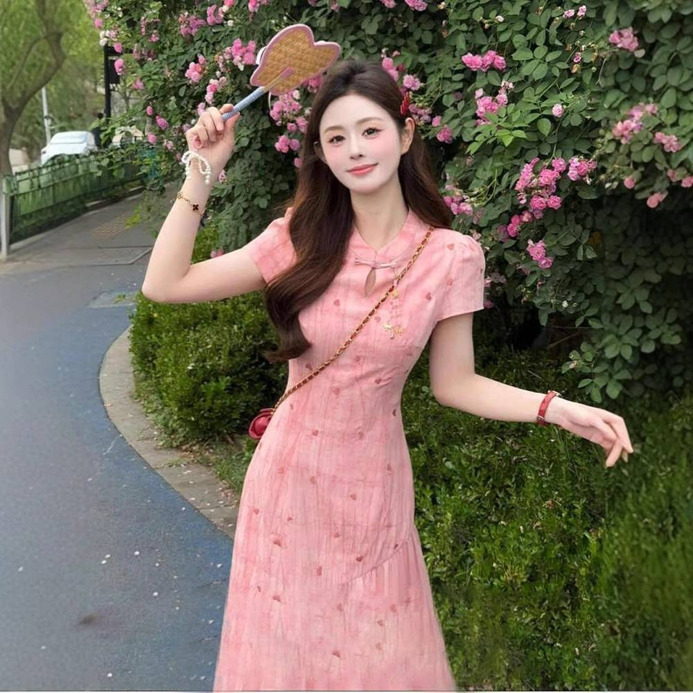 新中式改良旗袍晕染爱心旗袍夏新品俏皮感连衣裙