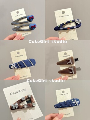 Cutegirl studio韩国可牛仔布蝴蝶结亮钻掰掰夹一字夹刘海子侧边