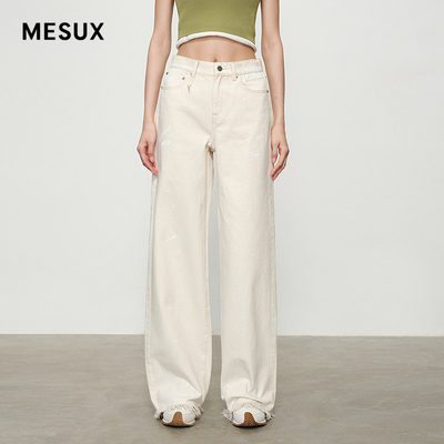 MESUX米岫25丹宁风涂鸦怀旧洗磨棉质小直筒牛仔裤女MNSUR401