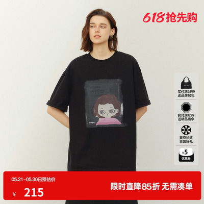 U/TI黑色纯棉小女孩印花短袖T恤女落肩宽松直筒 尤缇2026夏季新款