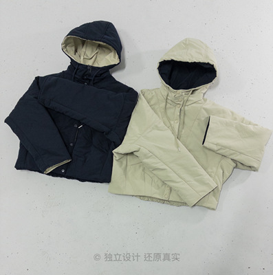 韩系设计感连帽撞色棉服外套